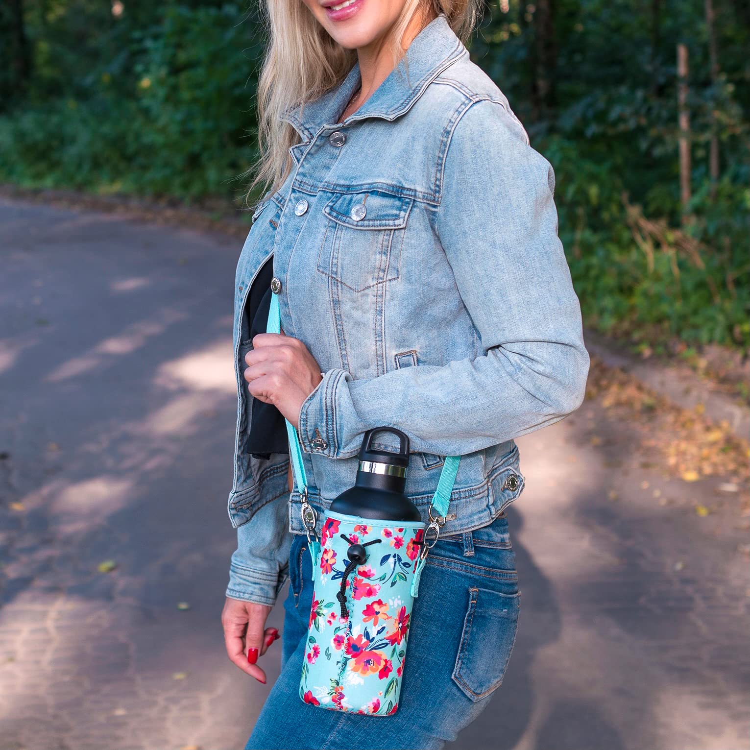 Made Easy Kit Neoprene Water Bottle Carrier Holder with Adjustable Shoulder Strap for Insulating & Carrying Water Container Canteen Flask Available in 5 Sizes (Teal, L (32oz / 1.5L))