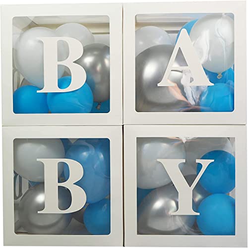 ToBsoft 4pcs Baby Shower Boxes with 52 Letters (2 Set A-Z ) Letters and 32 Balloons White Clear Balloon Box Blocks for Baby Shower and Birthday Party, Blue