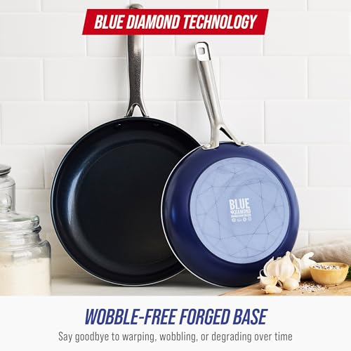 Blue Diamond 9.5” and 11" Frying Pan Skillet Set, Diamond Infused PFAS & PFOA-Free Ceramic Nonstick Pots & Pans, Durable Non Toxic Metal Utensil Safe & Scratch Resistant, Dishwasher & Oven Safe, Blue