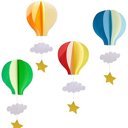 Colorful Hot Air Balloon Hanging Paper Decoration(4pack)- Large Hot Air Balloon with Clouds Stars Hanging Paper Garland Party Streamers for Kids Bedroom Decor, Wedding Birthday Party Supplies