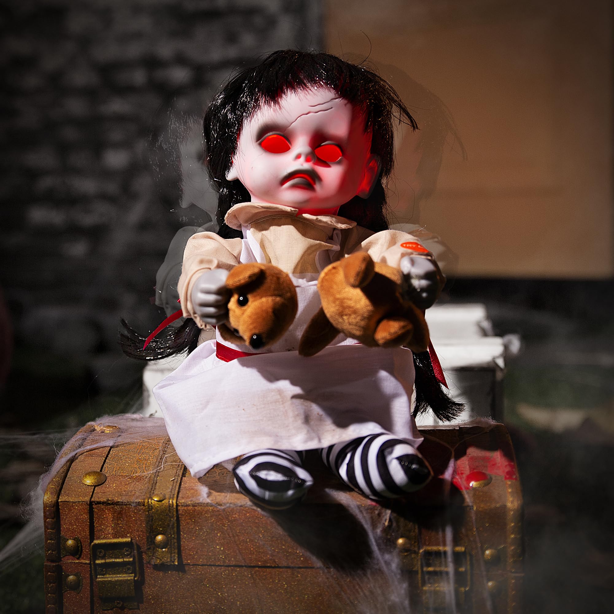 NEYEABL 10" Spirit Animatronic Ghost Girl Doll Halloween Decorations-Sound Activated Creepy Sound & Head & Hand Movements Red Eyes Lit, Haunted House Holiday Props, Halloween Spooky Animations