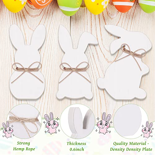 3 Pcs Easter Bunny Table Wooden Signs with Rope Easter Spring Wooden Tiered Tray Decor Rabbit Tabletop Party Centerpiece Signs Spring Decorations for Home Dining Room Desk Office (White)