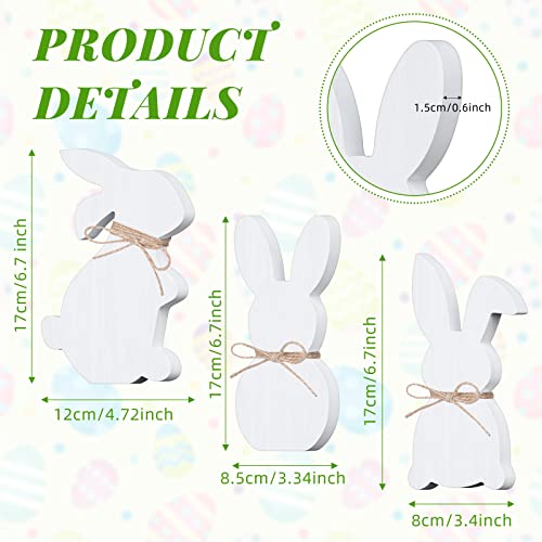 3 Pcs Easter Bunny Table Wooden Signs with Rope Easter Spring Wooden Tiered Tray Decor Rabbit Tabletop Party Centerpiece Signs Spring Decorations for Home Dining Room Desk Office (White)
