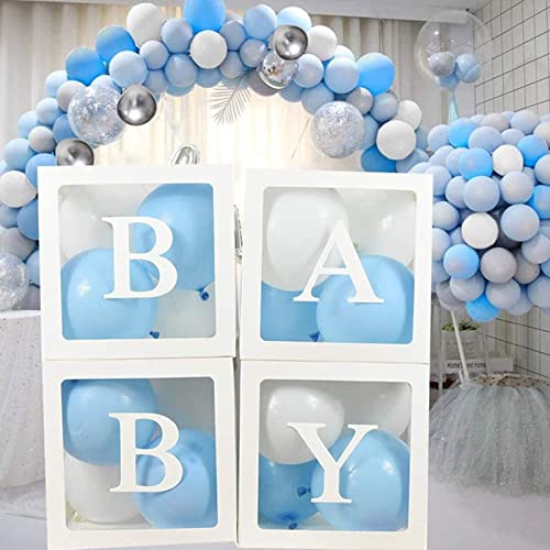 ToBsoft 4pcs Baby Shower Boxes with 52 Letters (2 Set A-Z ) Letters and 32 Balloons White Clear Balloon Box Blocks for Baby Shower and Birthday Party, Blue