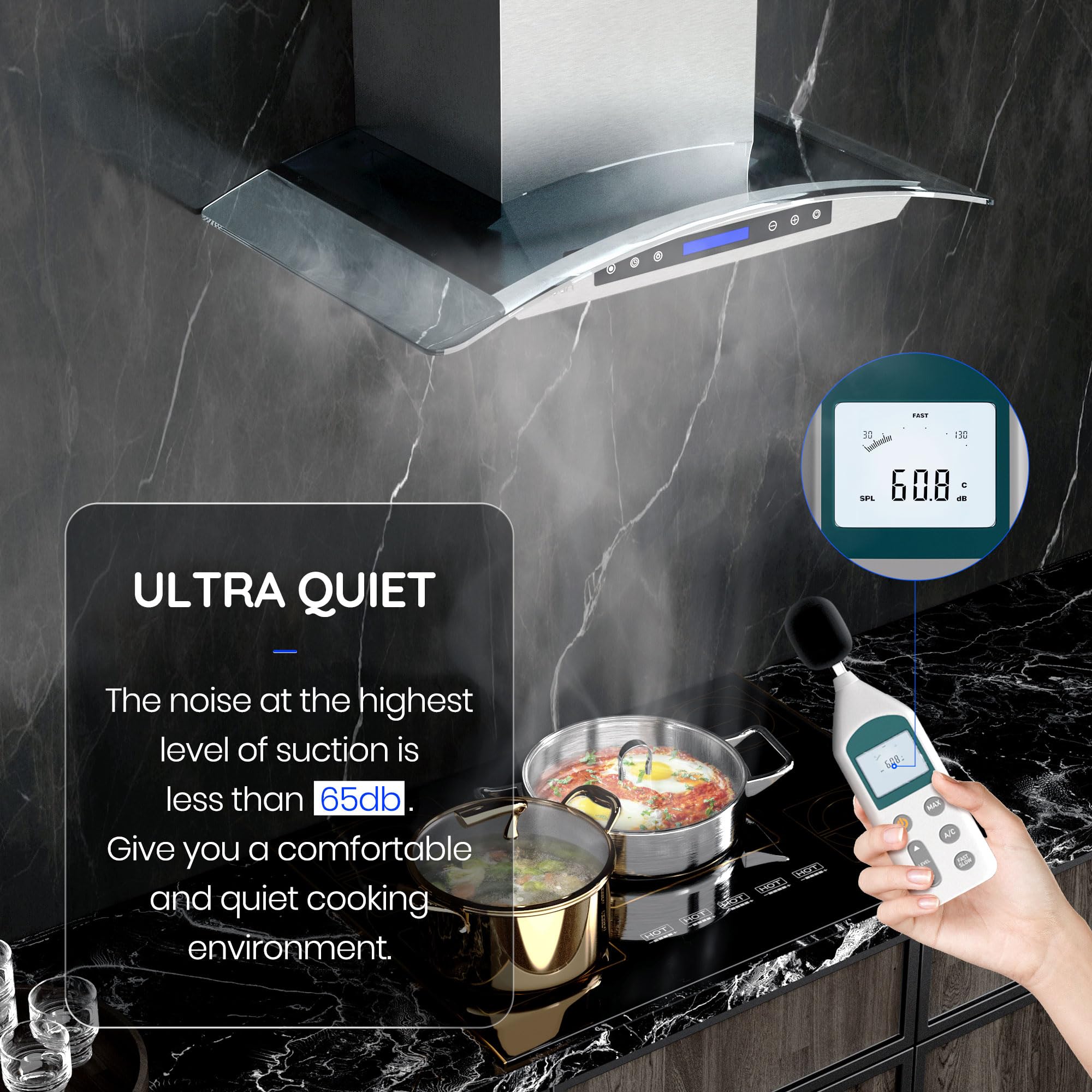 AROAN 30 inch Wall Mount Glass Range Hood, Stainless Steel Kitchen Chimney Vent Hood with 780 CFM & Four-Speed Touch Panel, 2pcs Adjustable LED, Tempered Glass Visor (PA03-30)