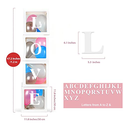 ToBsoft 4pcs Baby Shower Boxes with 52 Letters (2 Set A-Z ) Letters and 32 Balloons White Clear Balloon Box Blocks for Baby Shower and Birthday Party, Blue