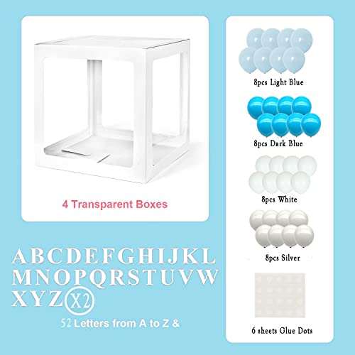 ToBsoft 4pcs Baby Shower Boxes with 52 Letters (2 Set A-Z ) Letters and 32 Balloons White Clear Balloon Box Blocks for Baby Shower and Birthday Party, Blue