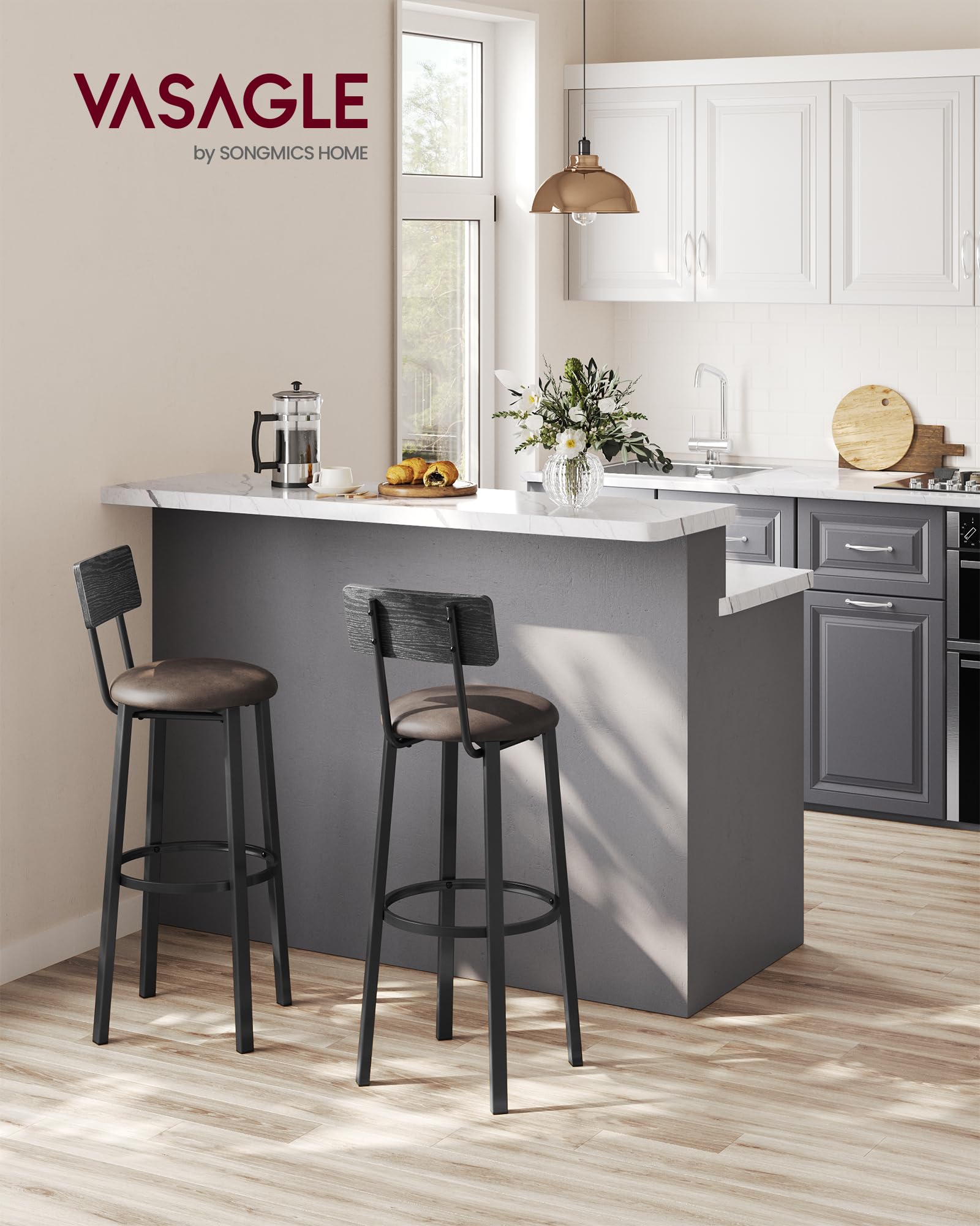 VASAGLE Bar Stools, Set of 2 PU Upholstered Breakfast Stools, 29.7-Inch Barstools with Back and Footrest, Simple Assembly, for Dining Room Kitchen Counter, Classic Black and Coffee Brown ULBC069B82