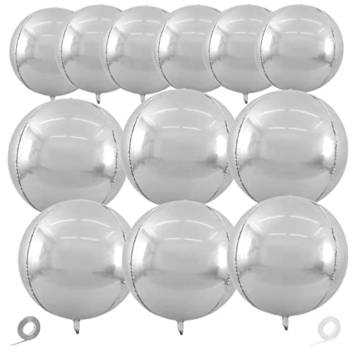 12pcs Silver Foil Balloons Decorations, 6pcs Large 22 Inch and 6pcs Small 10 Inch Round Metallic Helium Silver Balloons 4D Sphere Mylar Foil Mirror for Graduation Birthday Wedding Anniversaries Party