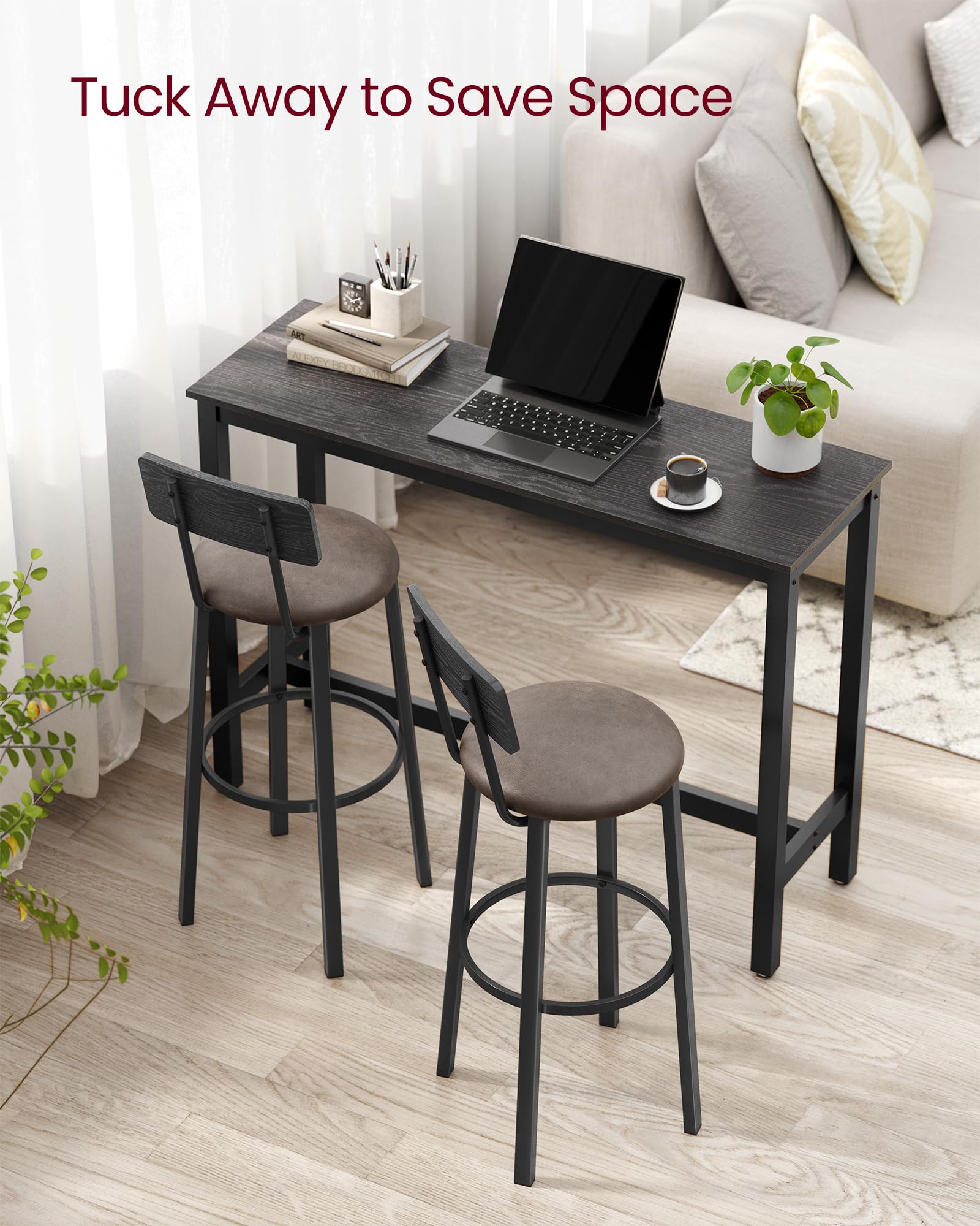 VASAGLE Bar Stools, Set of 2 PU Upholstered Breakfast Stools, 29.7-Inch Barstools with Back and Footrest, Simple Assembly, for Dining Room Kitchen Counter, Classic Black and Coffee Brown ULBC069B82