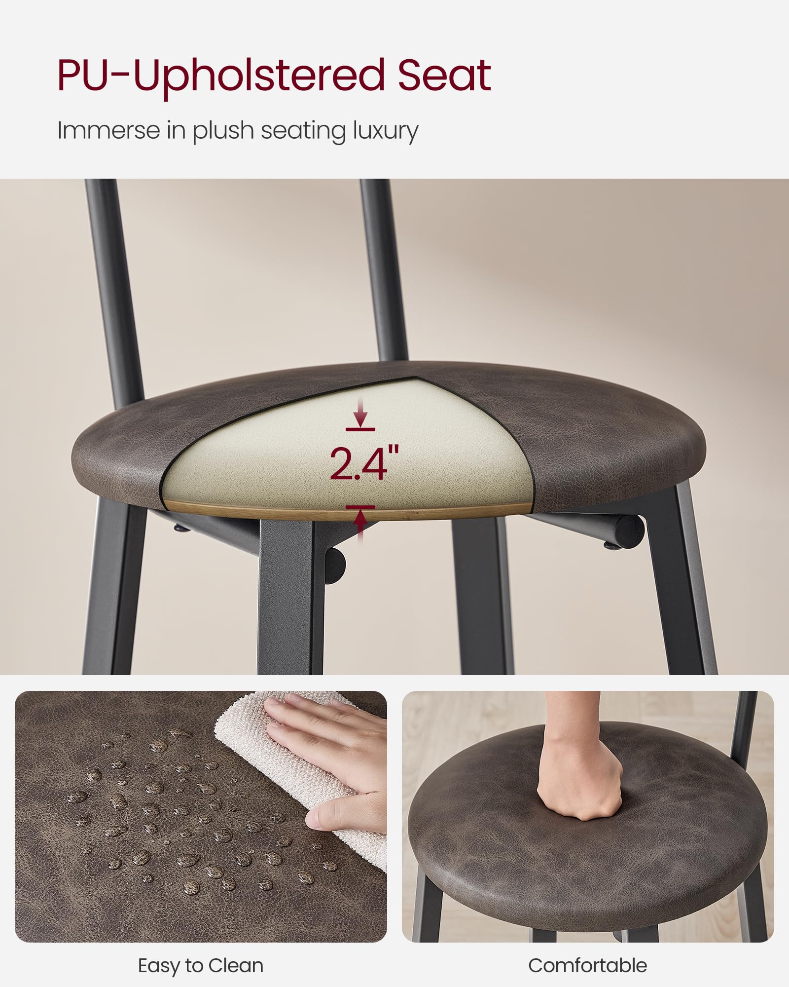 VASAGLE Bar Stools, Set of 2 PU Upholstered Breakfast Stools, 29.7-Inch Barstools with Back and Footrest, Simple Assembly, for Dining Room Kitchen Counter, Classic Black and Coffee Brown ULBC069B82