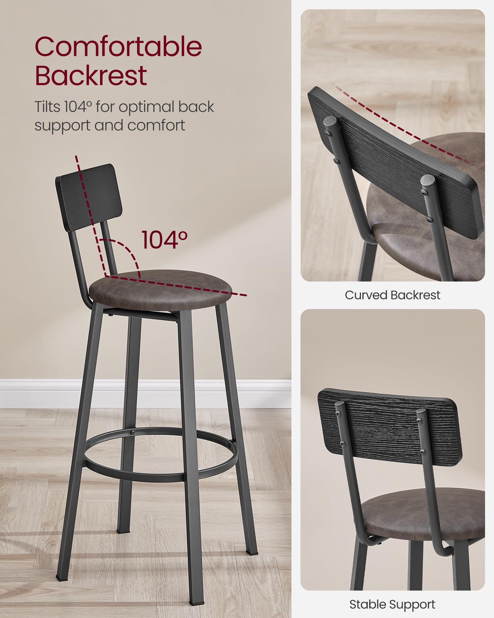VASAGLE Bar Stools, Set of 2 PU Upholstered Breakfast Stools, 29.7-Inch Barstools with Back and Footrest, Simple Assembly, for Dining Room Kitchen Counter, Classic Black and Coffee Brown ULBC069B82