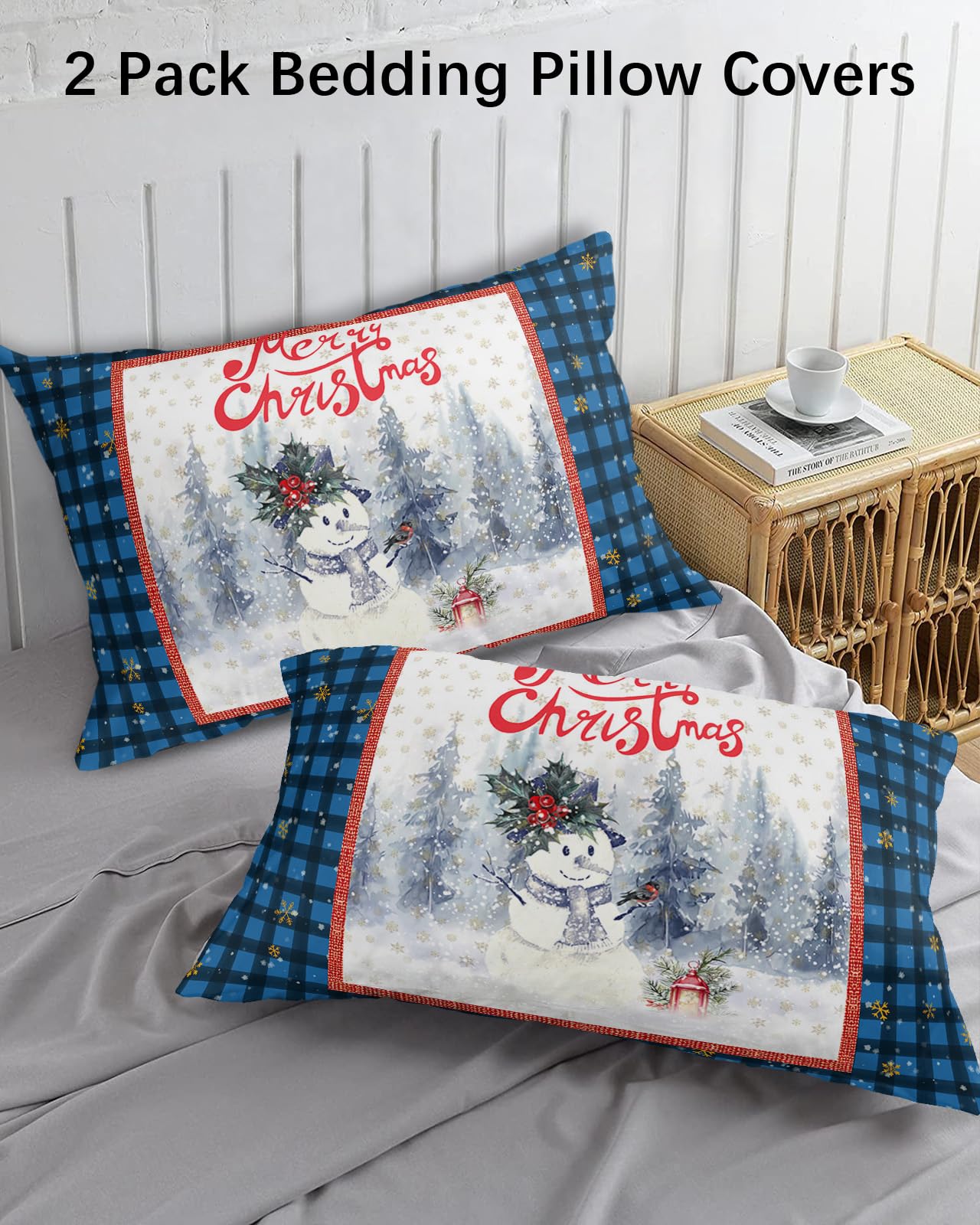 Christmas Plaid Snowman Pillow Covers King Standard Set of 2 20x36 Bed Pillow, Plush Soft Comfort for Hair/ Skin Cooling Pillowcases with Envelop Closure Throw Covers Buffalo Snowflake Snow Tree