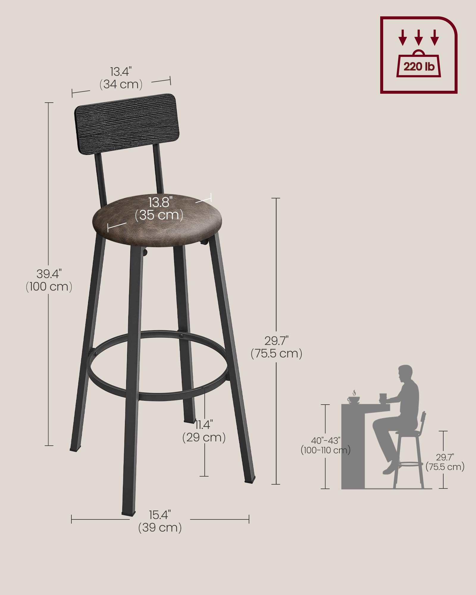 VASAGLE Bar Stools, Set of 2 PU Upholstered Breakfast Stools, 29.7-Inch Barstools with Back and Footrest, Simple Assembly, for Dining Room Kitchen Counter, Classic Black and Coffee Brown ULBC069B82