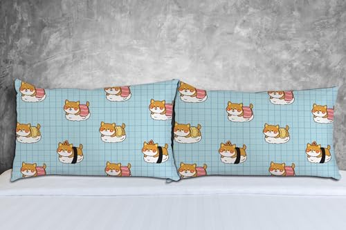 Pillowcase Set of 2 Cute Dog Striped Blue Animal Pillow Cover Pillow Sham for Long Pillow Standard Size 20X26 Inch