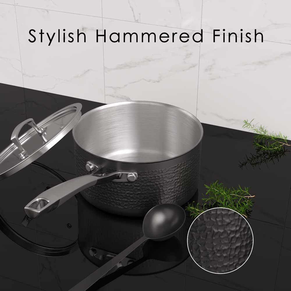 Homaz life Pots and Pans Set, Tri-Ply Stainless Steel Hammered Kitchen Cookware, Induction Compatible, Dishwasher and Oven Safe, Non-Toxic, Professional Grade Cooking Sets (Black, 7-Piece)