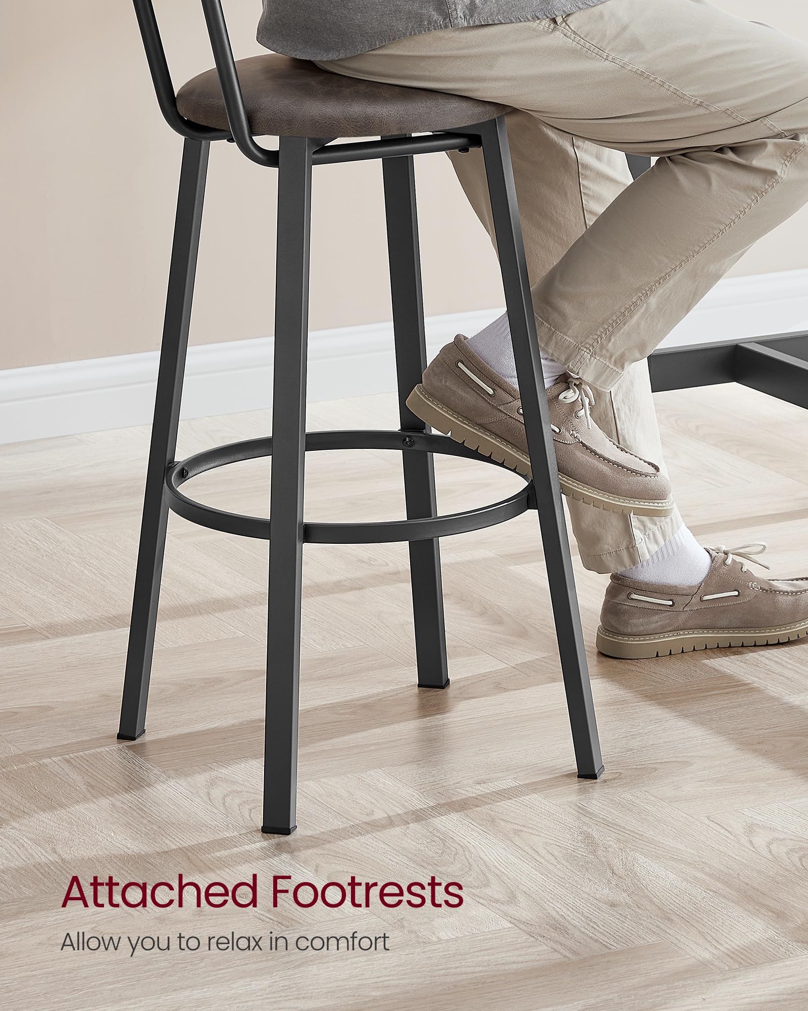 VASAGLE Bar Stools, Set of 2 PU Upholstered Breakfast Stools, 29.7-Inch Barstools with Back and Footrest, Simple Assembly, for Dining Room Kitchen Counter, Classic Black and Coffee Brown ULBC069B82