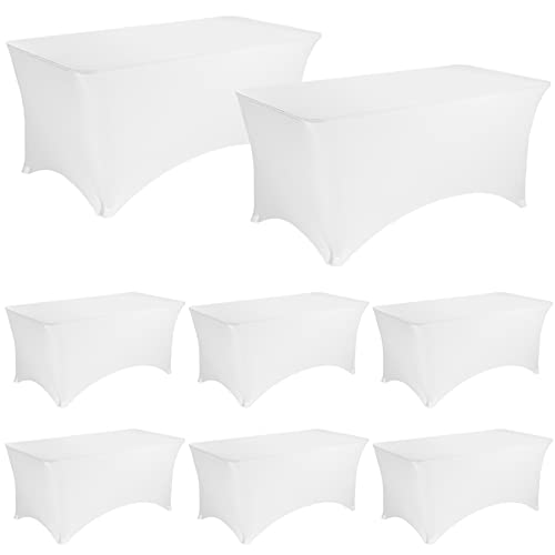 JALANCY 8 Pack 6FT Spandex Table Covers Fitted Rectangle Tablecloth Washable Wrinkle Resistant Stretch Table Cloth for Folding Table Wedding Party Birthday Banquet Bar Events(White)