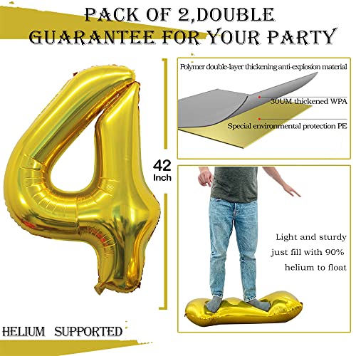 GOER 2 Pcs 42 Inch Gold Foil Balloons Number 4,Huge Number Balloons for 4th 44th Birthday Party Supplies Anniversary Decorations