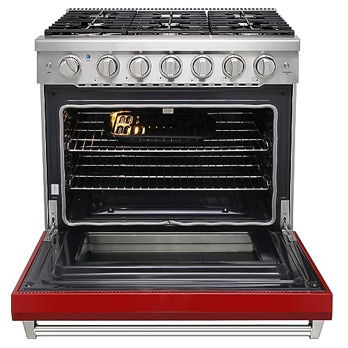 KOSTCH 36 inch Professional Freestanding Pro-Style Natural Gas Range or Liquid Propane Gas Range with 6 Burners, 6.0 cu.ft. Oven Capacity, in Stainless Steel - KOS-36RG03M (Red)