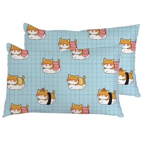 Pillowcase Set of 2 Cute Dog Striped Blue Animal Pillow Cover Pillow Sham for Long Pillow Standard Size 20X26 Inch