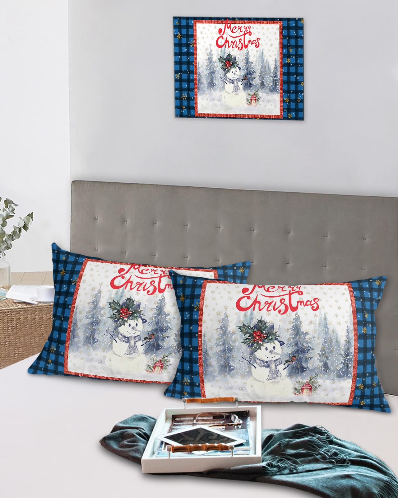 Christmas Plaid Snowman Pillow Covers King Standard Set of 2 20x36 Bed Pillow, Plush Soft Comfort for Hair/ Skin Cooling Pillowcases with Envelop Closure Throw Covers Buffalo Snowflake Snow Tree