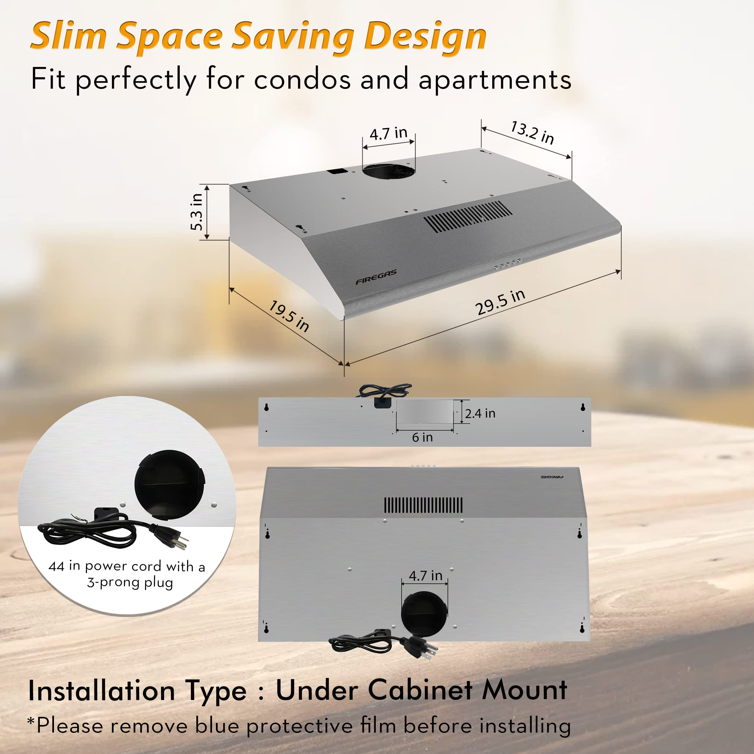 FIREGAS Under Cabinet Range Hood 30 inch, Ducted/Ductless Convertible Kitchen Hood Over Stove Vent, LED Light, 3 Speed Exhaust Fan, Reusable Aluminum Filters, Push Button, with Charcoal Filter