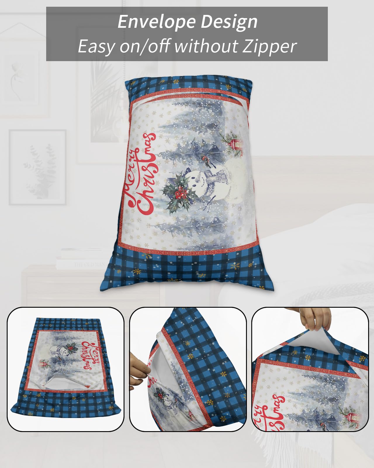 Christmas Plaid Snowman Pillow Covers King Standard Set of 2 20x36 Bed Pillow, Plush Soft Comfort for Hair/ Skin Cooling Pillowcases with Envelop Closure Throw Covers Buffalo Snowflake Snow Tree