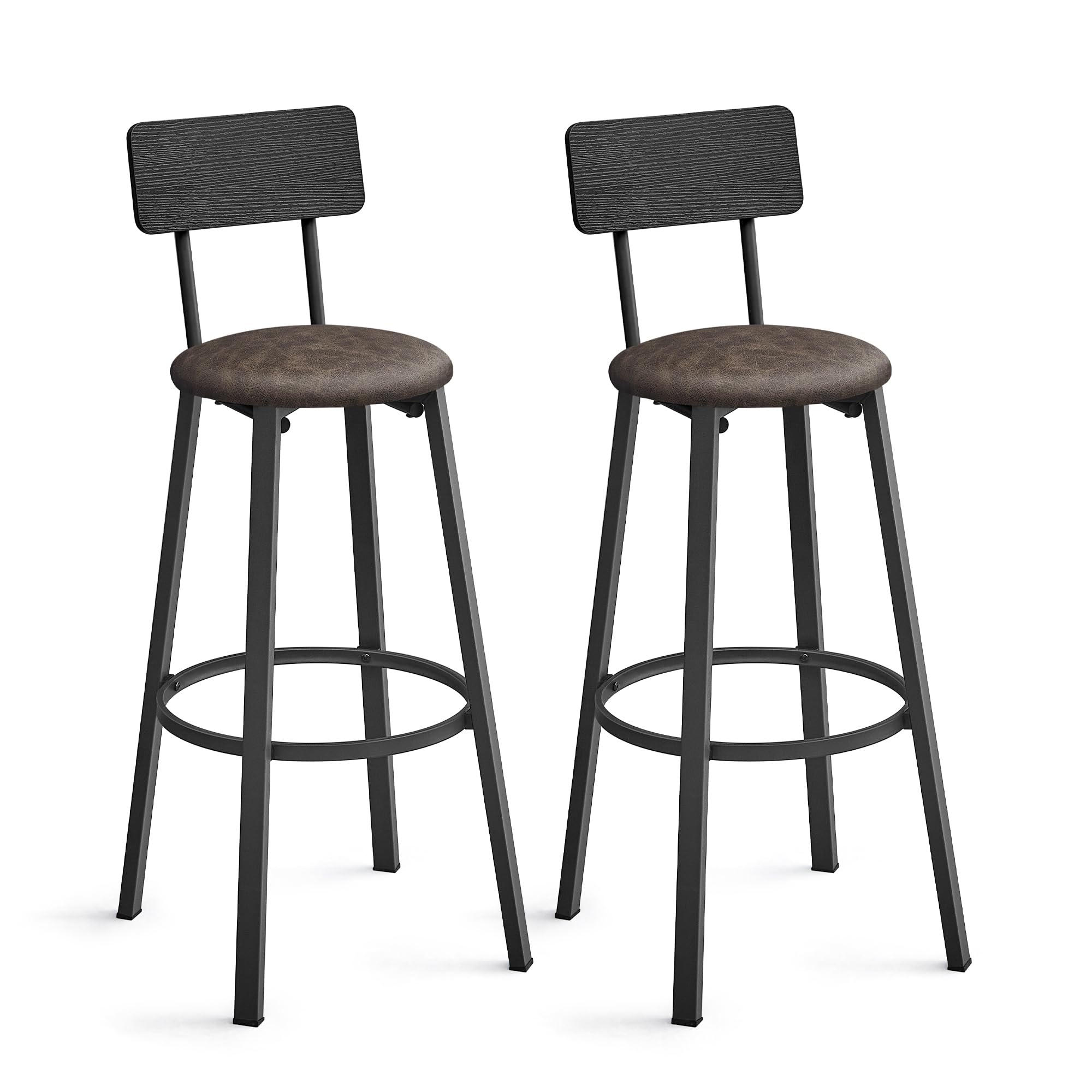 VASAGLE Bar Stools, Set of 2 PU Upholstered Breakfast Stools, 29.7-Inch Barstools with Back and Footrest, Simple Assembly, for Dining Room Kitchen Counter, Classic Black and Coffee Brown ULBC069B82
