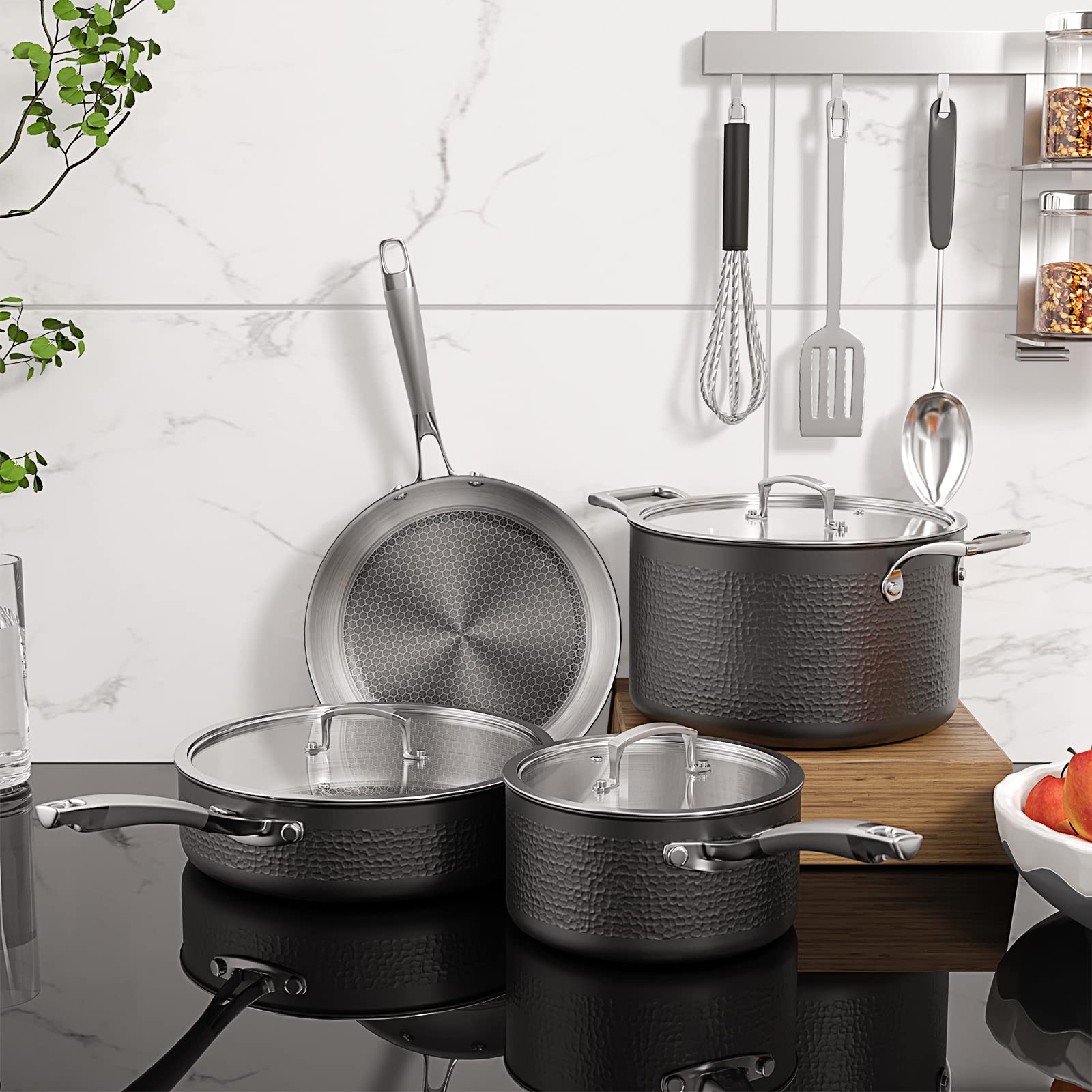 Homaz life Pots and Pans Set, Tri-Ply Stainless Steel Hammered Kitchen Cookware, Induction Compatible, Dishwasher and Oven Safe, Non-Toxic, Professional Grade Cooking Sets (Black, 7-Piece)