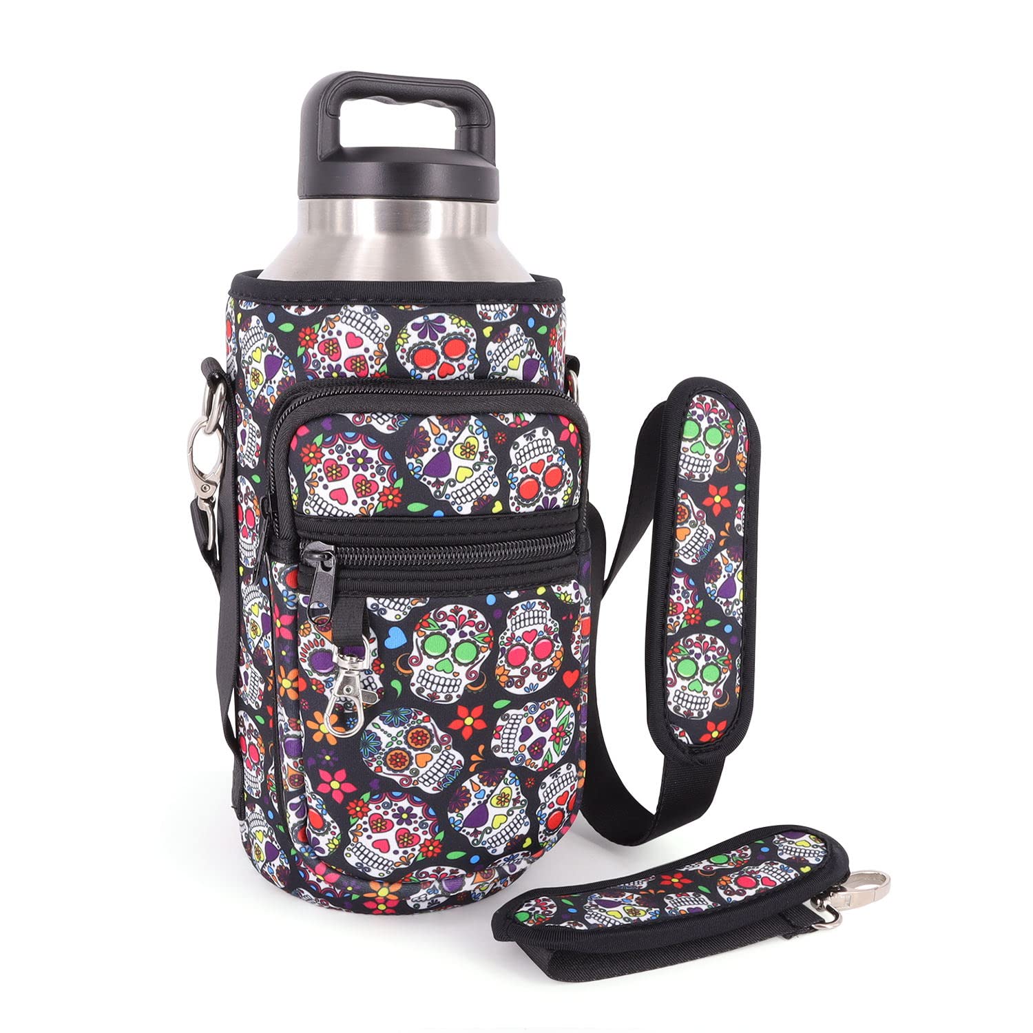 AJLTPA Half Gallon Water Bottle Sleeve with Strap and 2 Pockets, 64 oz Water Bottle Sleeve Carrier Compatible with Yeti & RTIC Half Gallon Jugs, 64oz Hydro Flask (Floral Sugar Skull)