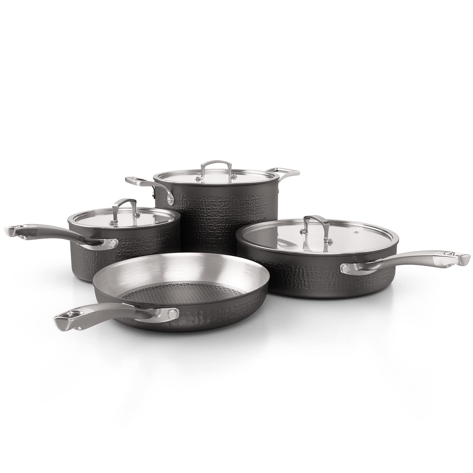 Homaz life Pots and Pans Set, Tri-Ply Stainless Steel Hammered Kitchen Cookware, Induction Compatible, Dishwasher and Oven Safe, Non-Toxic, Professional Grade Cooking Sets (Black, 7-Piece)