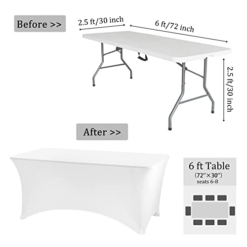 JALANCY 8 Pack 6FT Spandex Table Covers Fitted Rectangle Tablecloth Washable Wrinkle Resistant Stretch Table Cloth for Folding Table Wedding Party Birthday Banquet Bar Events(White)