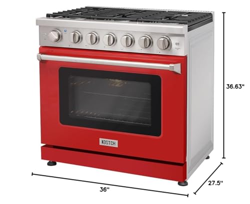 KOSTCH 36 inch Professional Freestanding Pro-Style Natural Gas Range or Liquid Propane Gas Range with 6 Burners, 6.0 cu.ft. Oven Capacity, in Stainless Steel - KOS-36RG03M (Red)