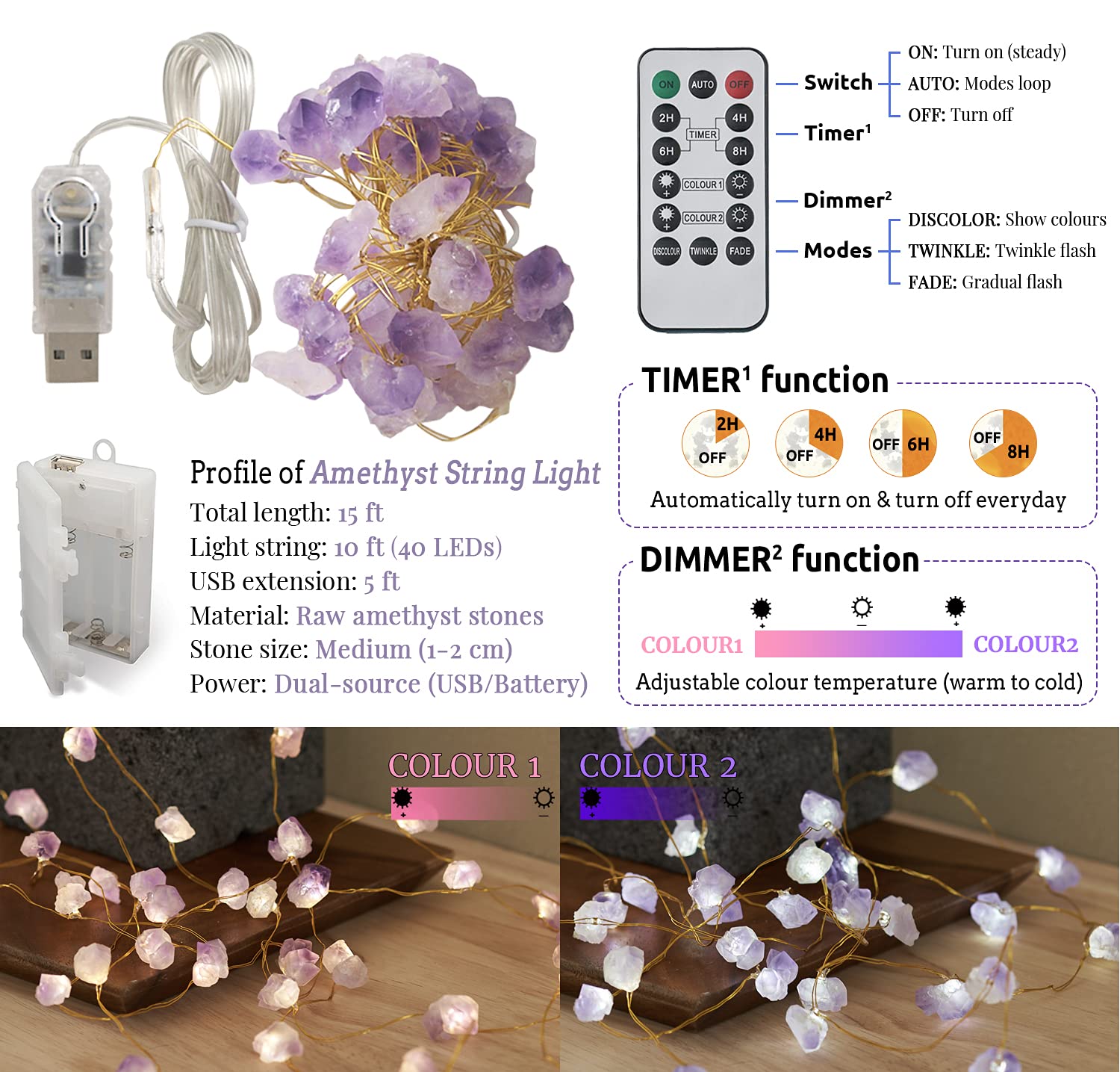Nature Amethyst Crystal String Lights for Bedroom 10FT 40LEDs USB/Battery Operated Grape Crystal Light Pure Purple Fairy Lights Plug in for Natural Life Cute String Lights for Office