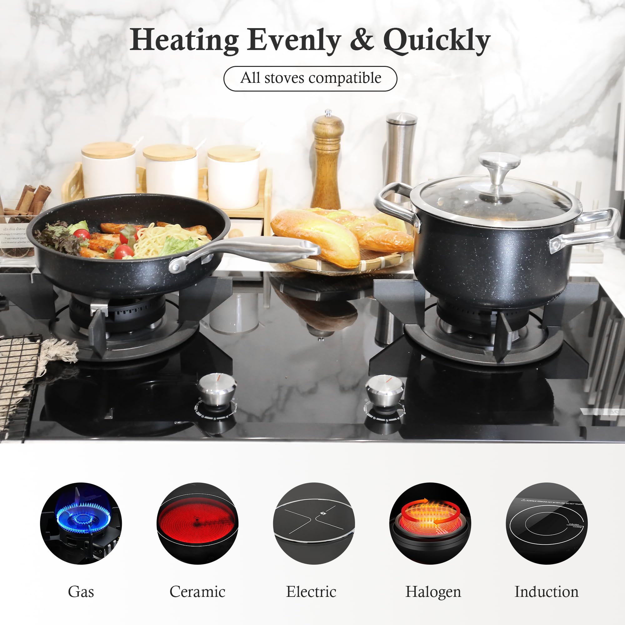 Aufranc 7pcs Nonstick Pots and Pans Set, Stainless Steel Non Stick Cookware Set, Kitchen Induction Cooking Pot and Pan Set Compatible with All Cooktops, Oven & Dishwasher Safe, Non-Toxic (Black)
