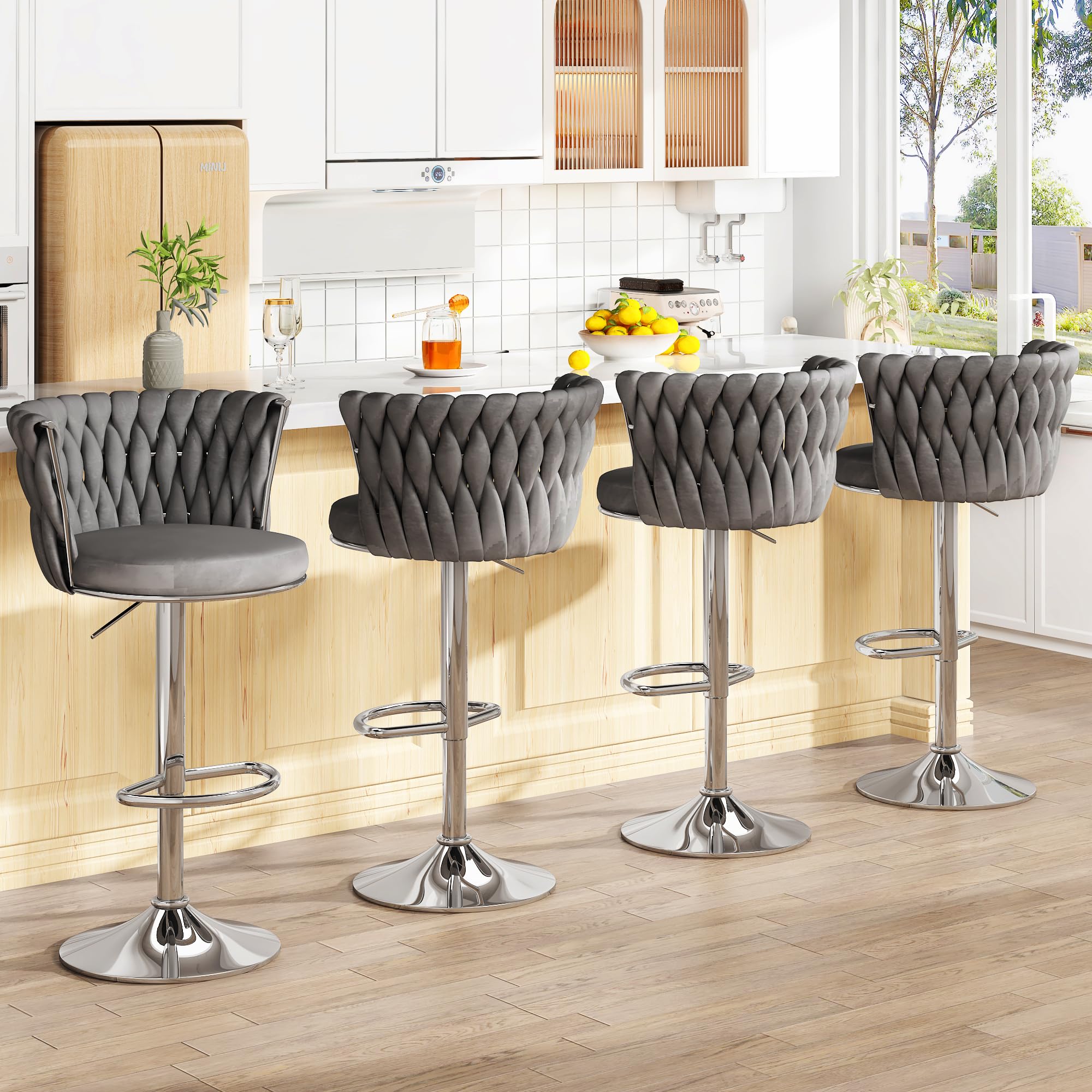 Lamerge Velvet Bar Stools Set of 4,Modern Swivel Bar Chairs Counter Height Barstool,Adjustable Barstools with High Backrest,Upholstered Kitchen Island Chairs,Grey