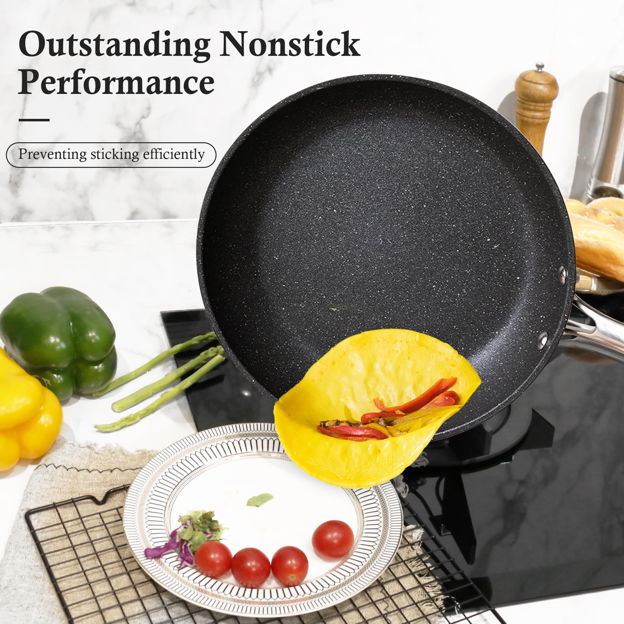 Aufranc 7pcs Nonstick Pots and Pans Set, Stainless Steel Non Stick Cookware Set, Kitchen Induction Cooking Pot and Pan Set Compatible with All Cooktops, Oven & Dishwasher Safe, Non-Toxic (Black)