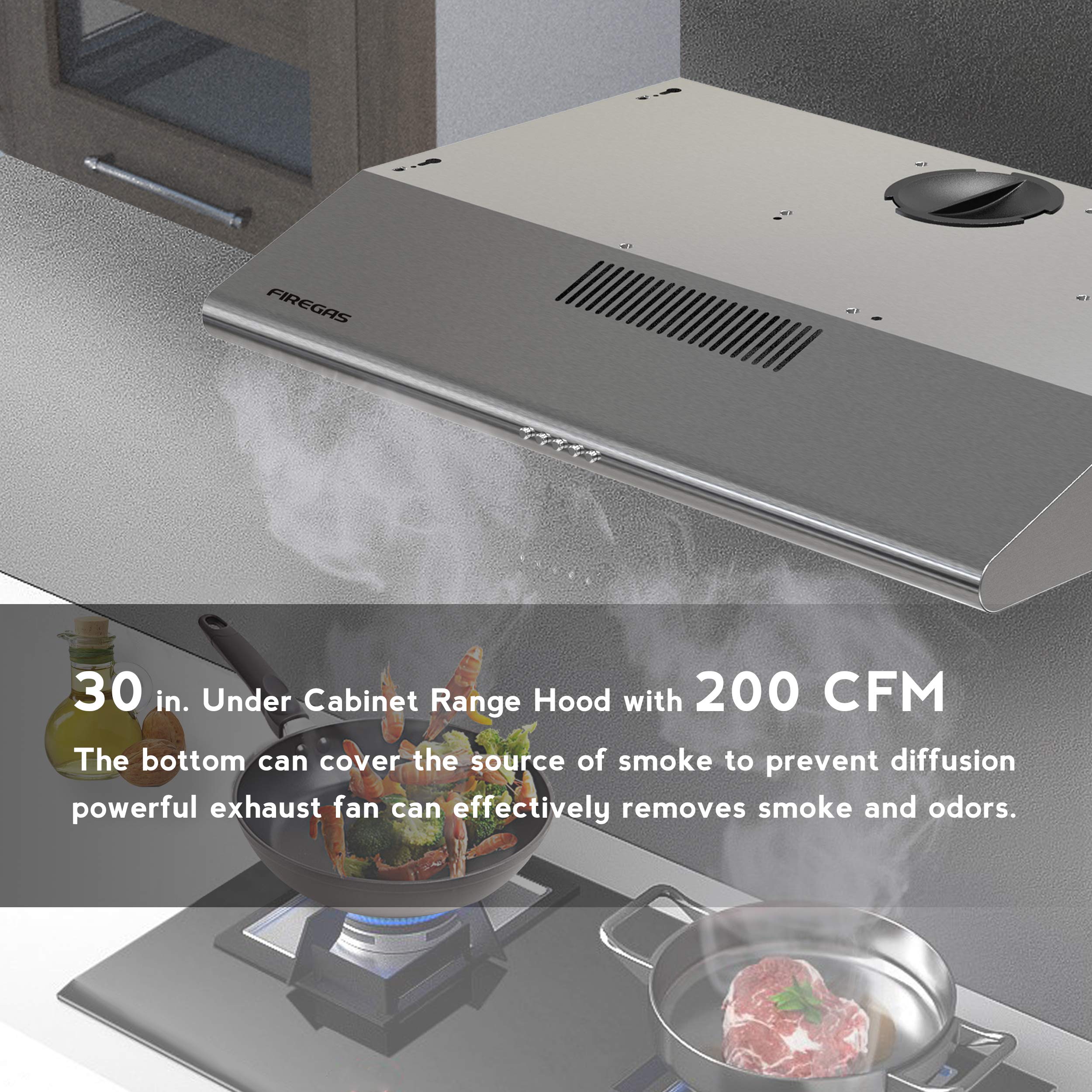 FIREGAS Under Cabinet Range Hood 30 inch, Ducted/Ductless Convertible Kitchen Hood Over Stove Vent, LED Light, 3 Speed Exhaust Fan, Reusable Aluminum Filters, Push Button, with Charcoal Filter