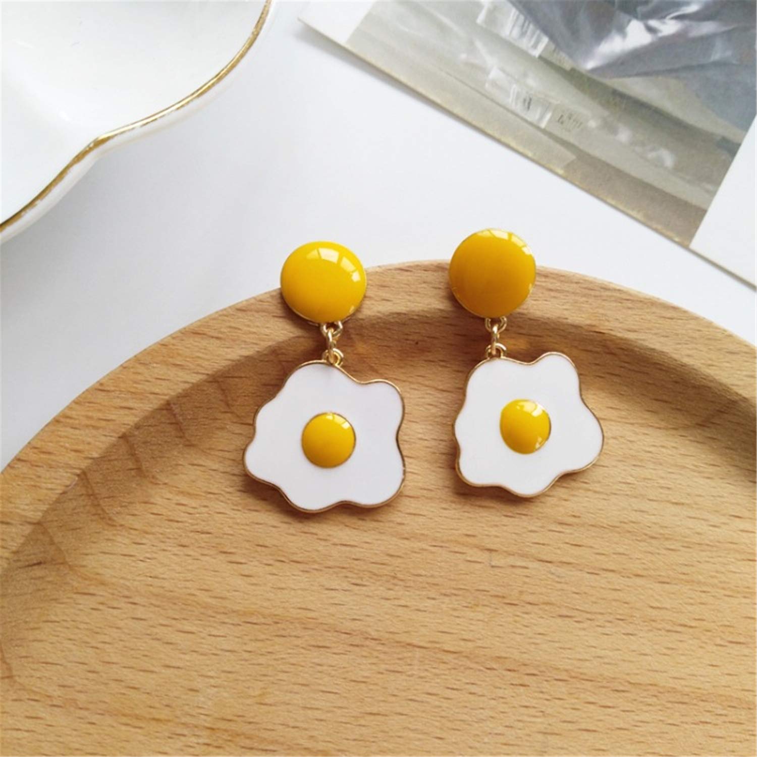 ANDPAI Chic Funny Cute 14k Gold Enamel Fried Egg Stud Earring Poached Egg Dangle Drop Earrings for Women Lover Kitchen Cooking Statement Jewelry Gifts (White)