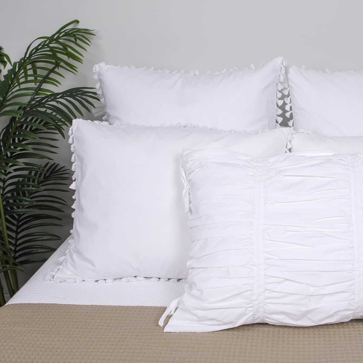 Boho Pillow Shams Set of 2 20x26 White Cotton with Hand-Made Tassel Zipper Closure for Bohemian Countryside Farmhouse Standard Size by JNG Kraftlab