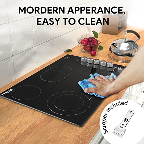 TTHOB Electric Cooktop 30 Inch, 4 Burners Built-in Radiant Electric Stove Top 220-240V 7700W, 9 Heating Level, Timer, Child Lock, Residual Heat Indicator, Pause Key, Knob Control, Hard Wired, No Plug