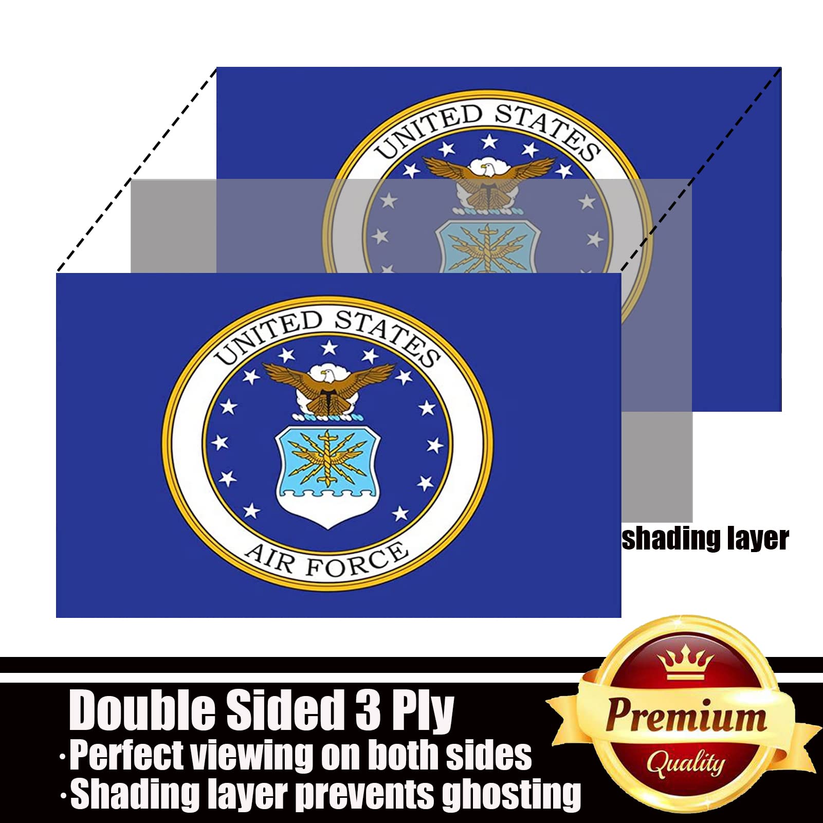 Air Force Crest Emblem Flag 3x5 Outdoor Double Sided 3 Ply- US Coat of Arms Military USAF Flags-Vivid Color Clear Pattern Reinforcement Sewing Durable Polyester with 2 Brass Grommets