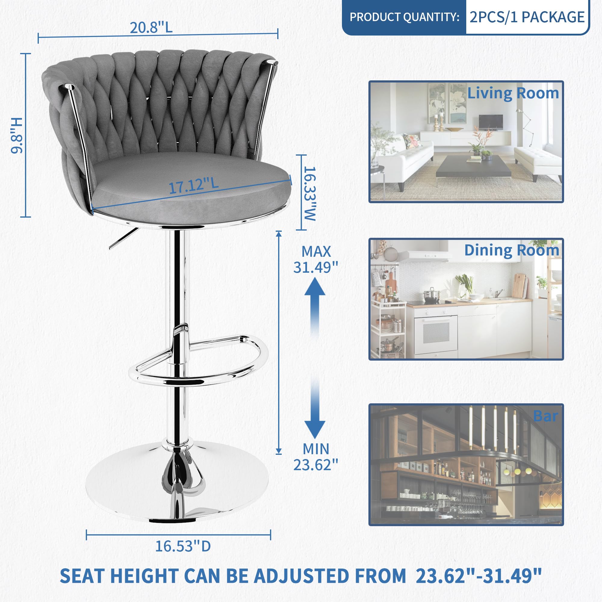 Lamerge Velvet Bar Stools Set of 4,Modern Swivel Bar Chairs Counter Height Barstool,Adjustable Barstools with High Backrest,Upholstered Kitchen Island Chairs,Grey