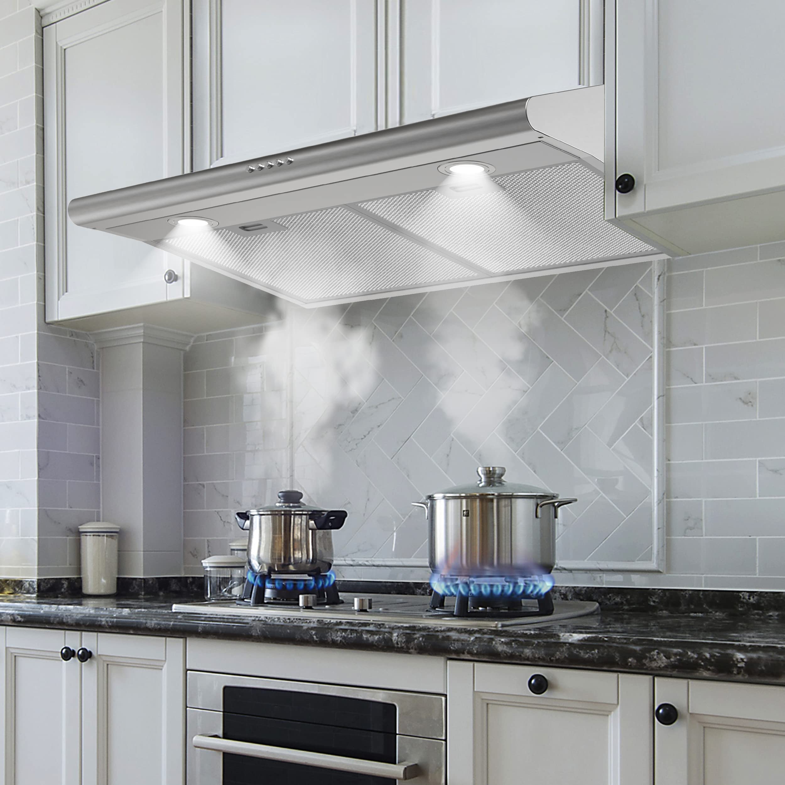 FIREGAS Under Cabinet Range Hood 30 inch, Ducted/Ductless Convertible Kitchen Hood Over Stove Vent, LED Light, 3 Speed Exhaust Fan, Reusable Aluminum Filters, Push Button, with Charcoal Filter