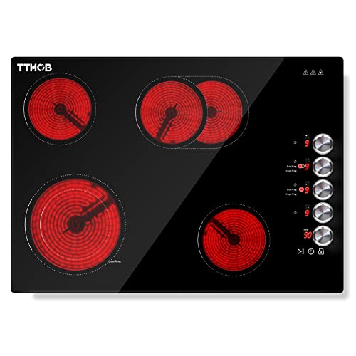 TTHOB Electric Cooktop 30 Inch, 4 Burners Built-in Radiant Electric Stove Top 220-240V 7700W, 9 Heating Level, Timer, Child Lock, Residual Heat Indicator, Pause Key, Knob Control, Hard Wired, No Plug