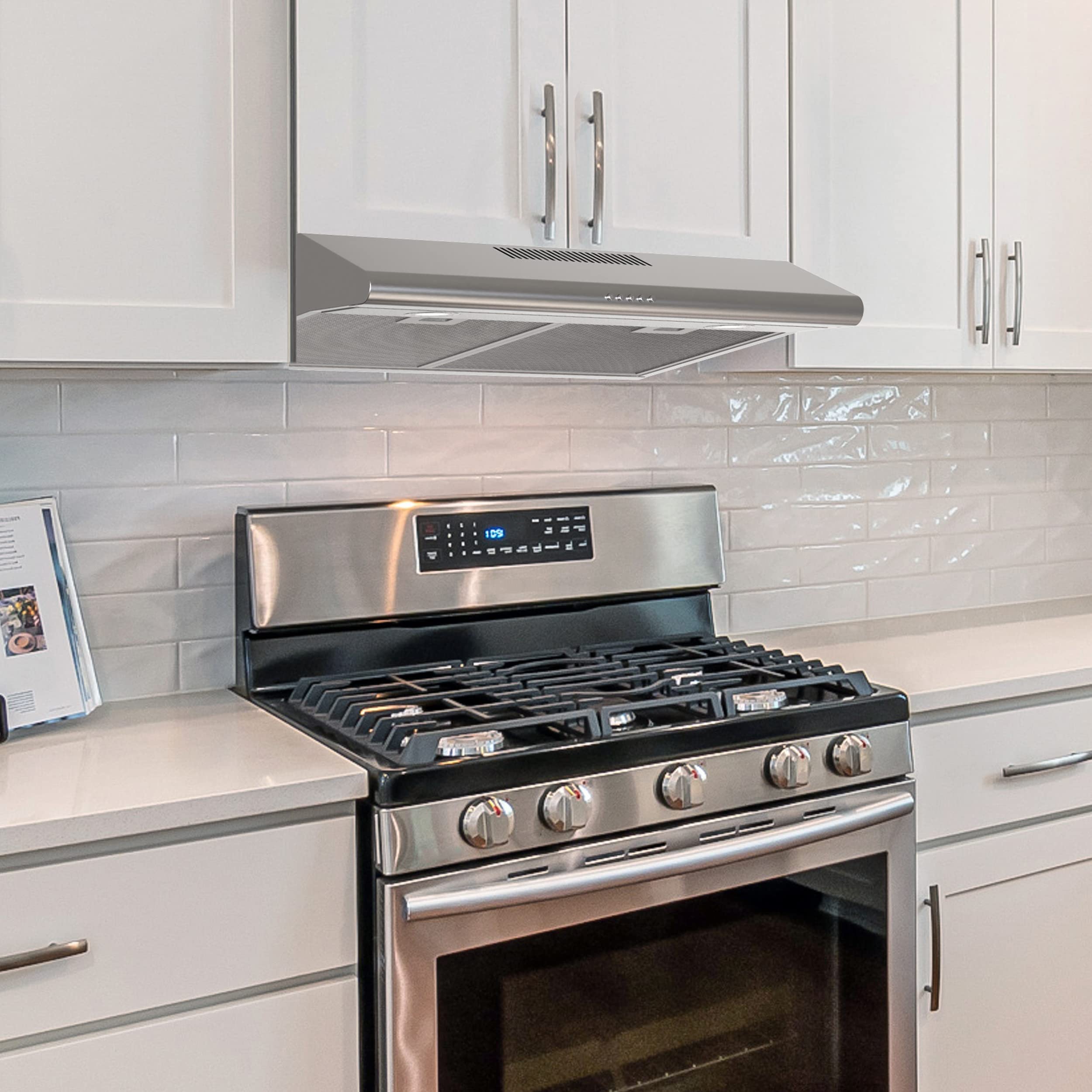 FIREGAS Under Cabinet Range Hood 30 inch, Ducted/Ductless Convertible Kitchen Hood Over Stove Vent, LED Light, 3 Speed Exhaust Fan, Reusable Aluminum Filters, Push Button, with Charcoal Filter