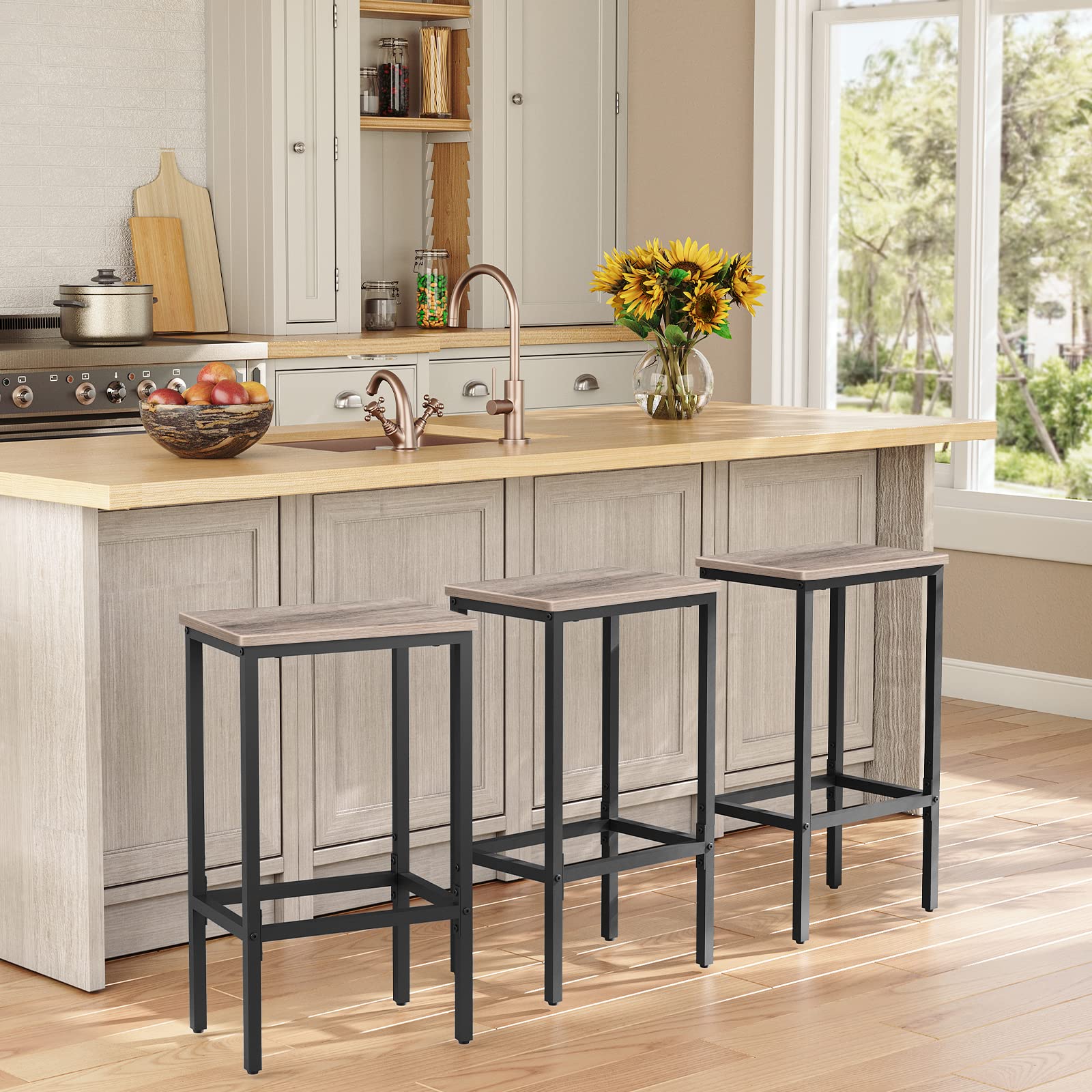 MAHANCRIS Bar Stools, Set of 2 Bar Chairs, Kitchen Breakfast Bar Stools with Footrest, 25.8" Dining Stools, Rectangular Industrial Bar Chairs, for Dining Room, Kitchen, Greige BAHG0101Z