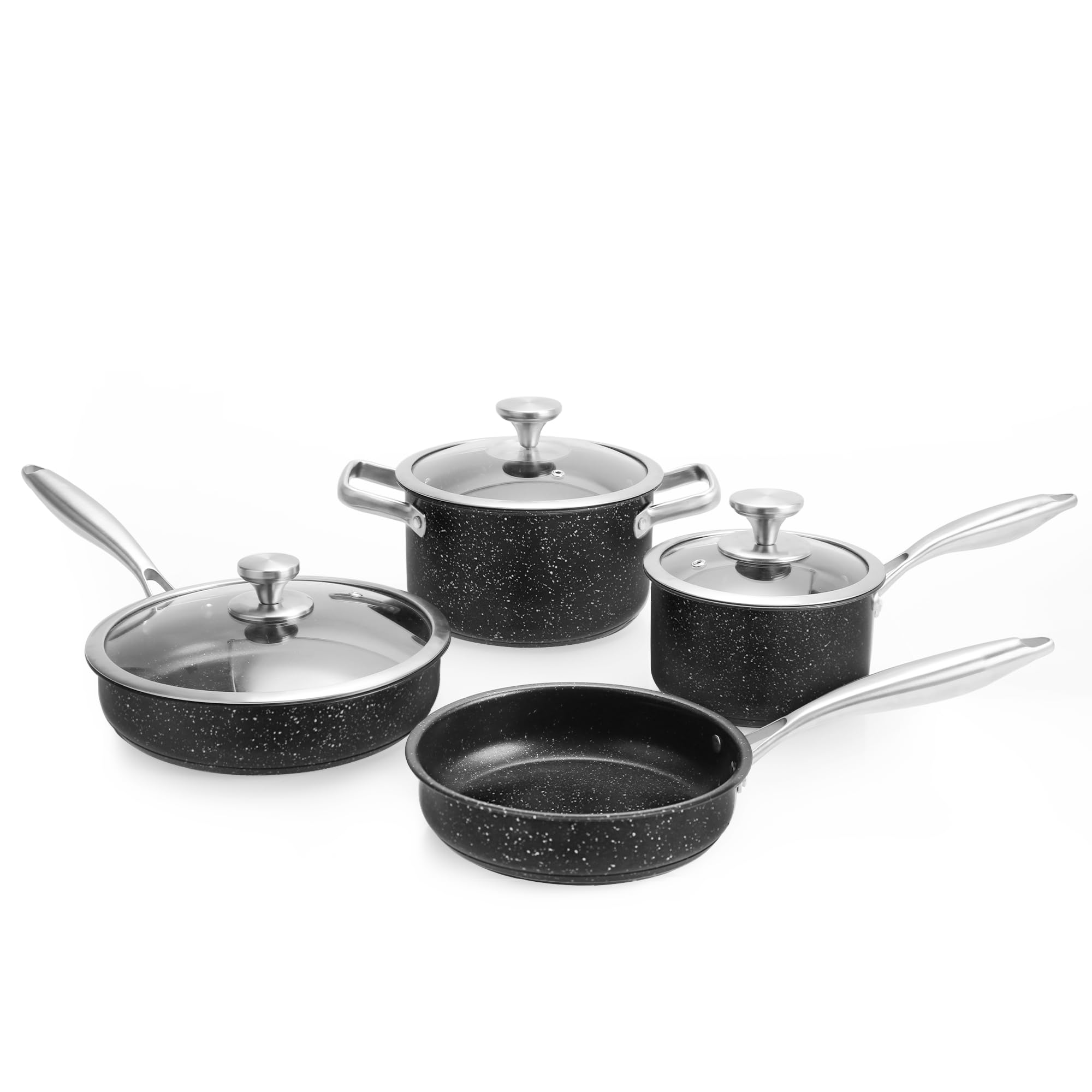 Aufranc 7pcs Nonstick Pots and Pans Set, Stainless Steel Non Stick Cookware Set, Kitchen Induction Cooking Pot and Pan Set Compatible with All Cooktops, Oven & Dishwasher Safe, Non-Toxic (Black)