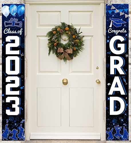 2023 Graduation Decorations-Class of 2023 Congrats Grad Porch Sign Banner,Door Hanging Welcome Banner for Blue Graduation Party Supplies